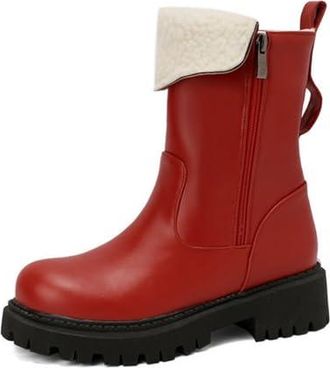 Generic Bottes de motard tendance pour femme - Bout rond - Plateforme - Talons &eacute;pais - Avec fermeture &eacute;clair lat&eacute;rale, Rouge, 38.5 EU