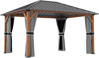 OUTSUNNY Pavillon de jardin structure alu aspect bois toit rigide m&eacute;tal galvanis&eacute; rideaux moustiquaires